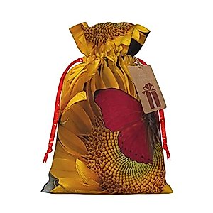 Yellow Sunflowers With Red Butterflychristmas Drawstring Gift Bag, Linen Drawstring Gift Bag, Reusable Drawstring Gift Bag, Used For Christmas, Birthday, Wedding Supplies