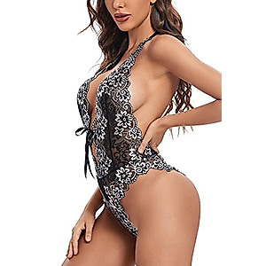 EVELUST Womens Open Back Halter Plunging Teddy,Comfortable Scalloped Trim Lace Lingerie (BlackBow,M,6005e)