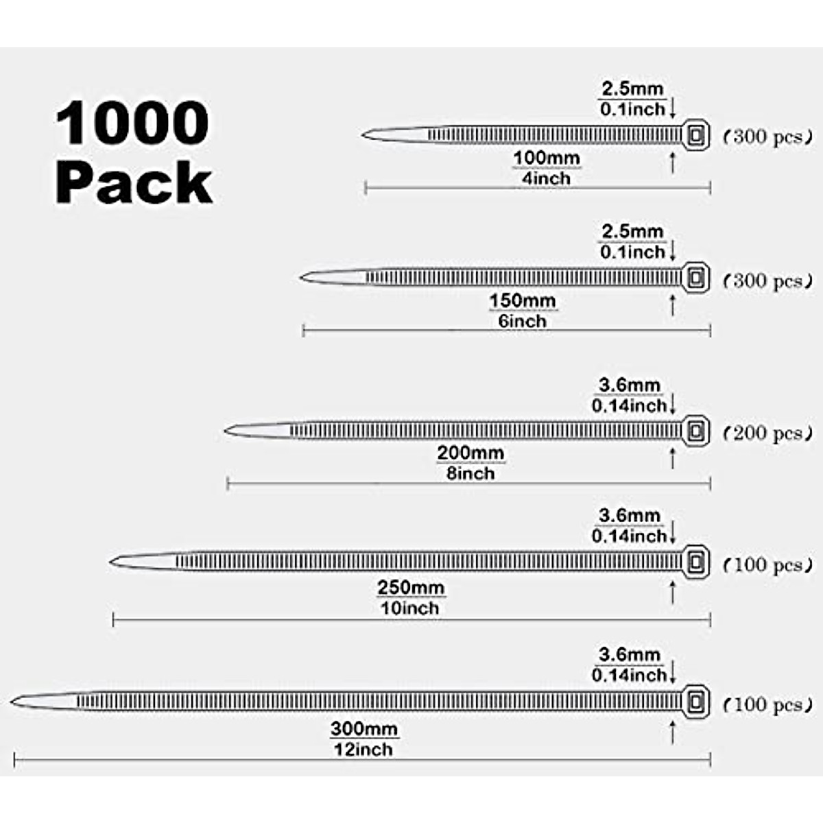 Oksdown 1000 Pcs Black Cable Zip Ties Assorted Sizes 4/6/8/10/12 Inch Heavy Duty Plastic Tie Wraps Mixed Pack Self Locking Nylon Wire Ties