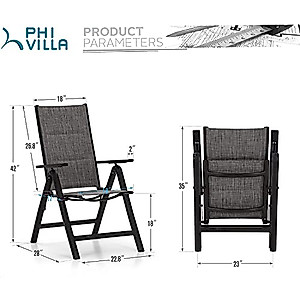 PHI VILLA Outdoor Folding Patio Dining Chairs Set of 4, Adjustable Padded Portable Reclining Patio Chairs Aluminum for Garden,Yard and Deck, Dark Grey