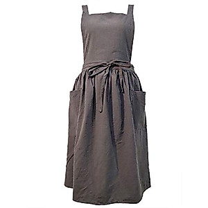 losofar Women Girls Vintage Apron Adjustable Gardening Works Cross Back Cotton/Linen Blend Aprons Pinafore Dress with Two Pockets (grey, one size)