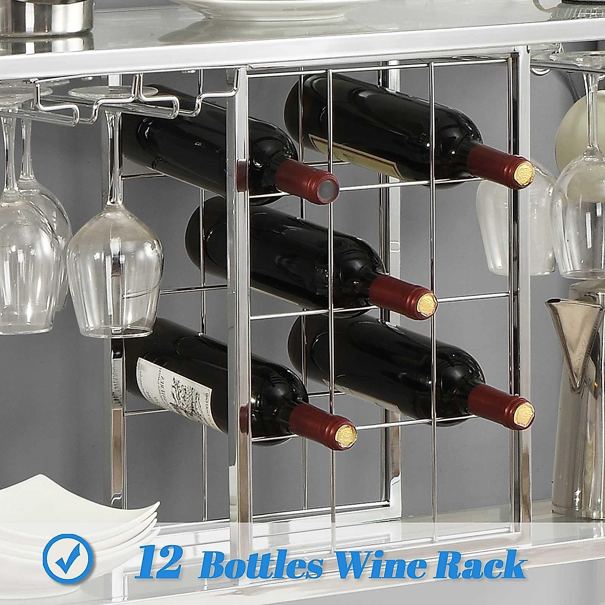 ASYA Wine Rack Table with Glass Holder, 3-Tier with Temered Glass Shelves, Modern Liquor Cabinet with Storage for Wine Bar, Living Room, Kitchen and Dining Room (Silver Finish)