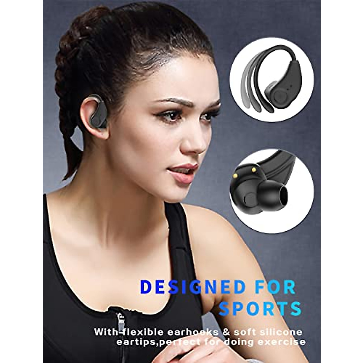 Bluedio S6 Sport Earhooks Earphones Wireless Earbuds Bluetooth Headphones 42hrs Play with LED Display Charging Case Built-in Mic Headset for Sports Running Workout Black
