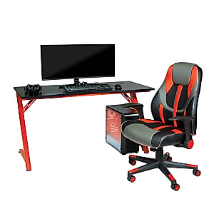 OSP Home Furnishings Beta Battlestation Gaming Desk with Bluetooth RGB LED Lights, Matte Red