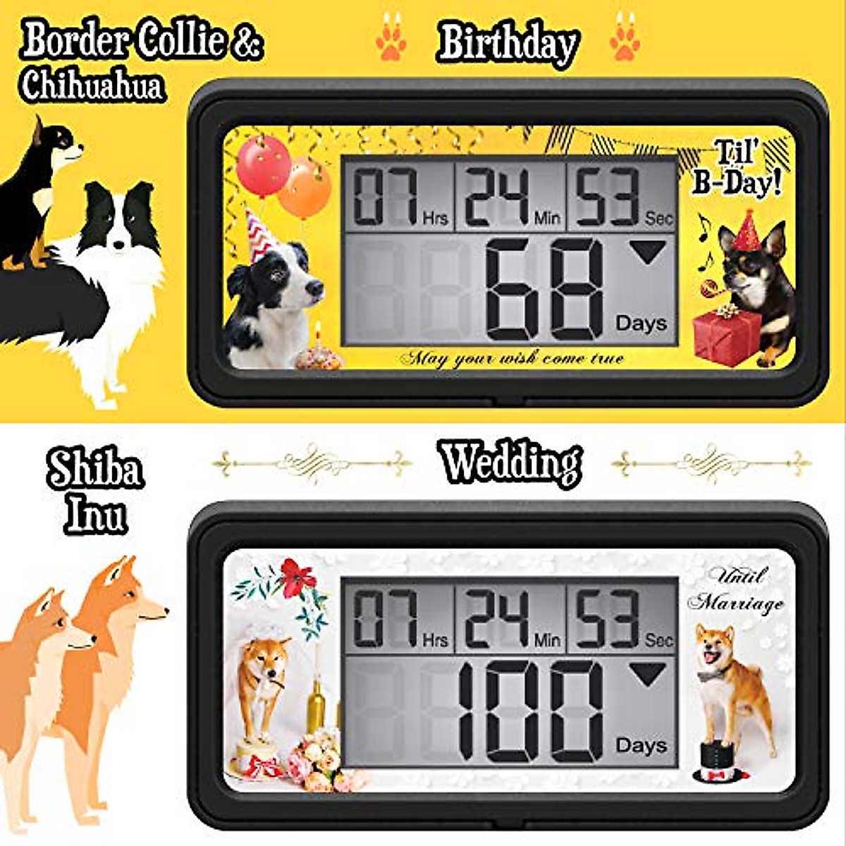 VERISS Digital 9999 Days Countdown Clock Timer with Backlight - Count Down Your Retirement, Wedding, Christmas, Vacation and All Calendar Event Dates in Your Life - Dog Collection (Black - 8 Frames)