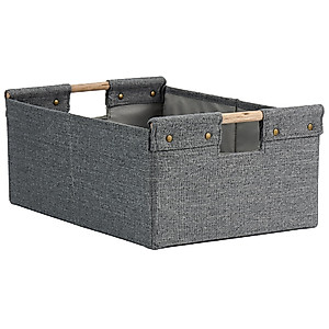 VinneGenzz Storage Bins Cotton Linen Fabric Storage Boxes Basket with Wooden Handles Foldable Washable Decorative Shelf Container Clothes Organizer Home Laundry - Large Size, Gray