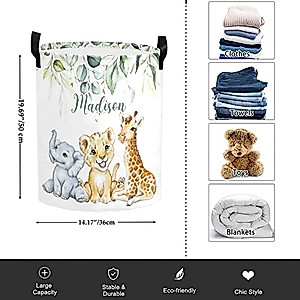 Personalized Laundry Basket Hamper,Safari Jungle Animal Greenery,Collapsible Storage Baskets with Handles for Kids Room,Clothes, Nursery Decor