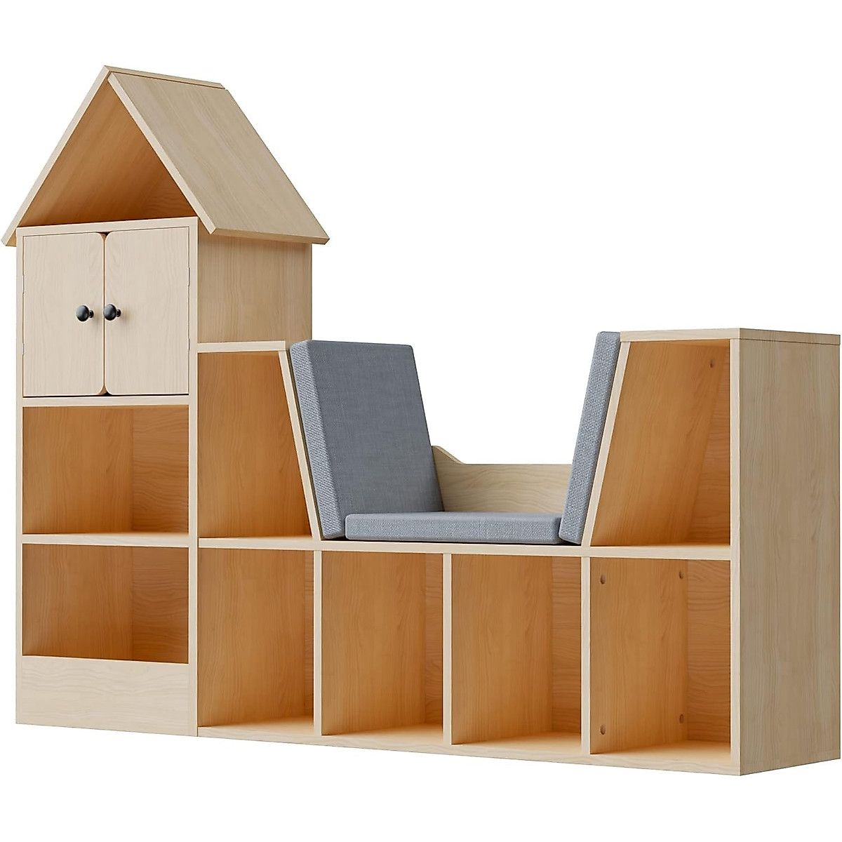 Cozy Castle 56.9" Wooden Kids Bookshelf with Reading Nook, Kids Bookcase with Detachable Cushions,Toy Storage Organizer with 9 Cubes and 2 Doors for Bedroom, Playroom, Oak