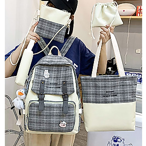 DAHUOJI 5Pcs Kawaii Backpack Set with Badge & Duck Pendant,Japanese Aesthetic Check Bookbag for Girls Cute Plaid School Bags Comes with Tote Bag,Shoulder Bag,Pencil Box,Small Bag(Black,16in)