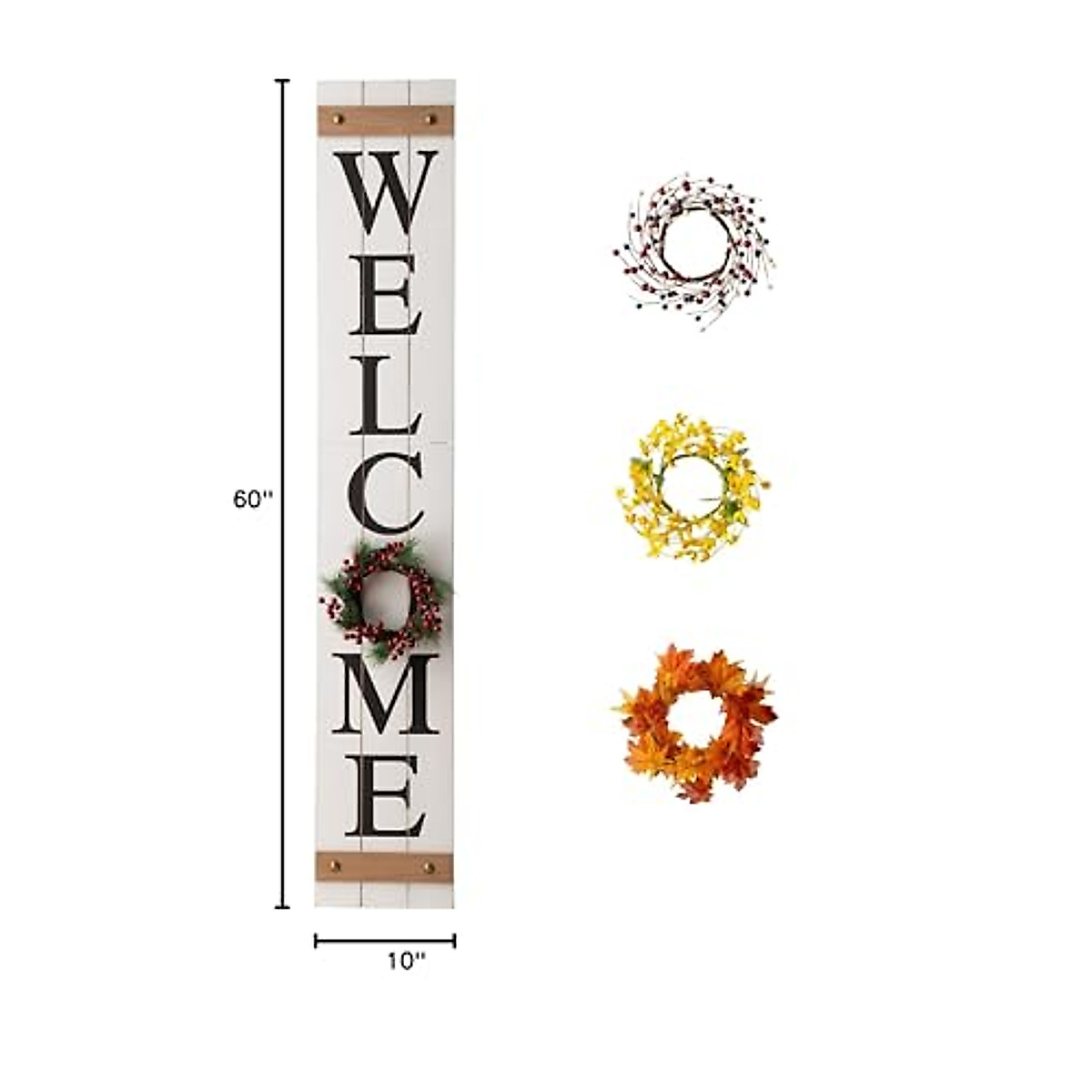 Glitzhome Welcome Sign for Front Door Porch Rustic Farmhouse Wooden Hanging Wall Decor with Interchangeable Floral Wreath, 60" H, White