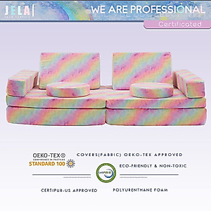 jela Kids Couch Extended Size 10PCS with futons, Floor Couch Floor Sofa Modular Furniture for Kids and Adults, Modular Foam Play Couch, Modular Sectional Sofa （Rainbow）