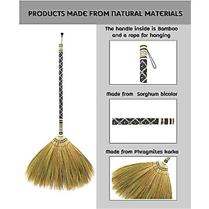 Natural Grass Thai Broom Indoor Outdoor, Vintage Retro Embroidered Woven Nylon,Handmade Broom,Housewarming Gift Witch Broom, Broomstick Bamboo Stick Handle,Kong Grass Broom,Durable Broom(Black)
