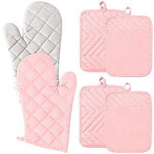 GROBRO7 6Pcs Cotton Oven Mitts and Pot Holders Set Heat Resistant Hot Pads Durable Pocket Pot Holder Machine Washable BBQ Gloves with Hanging Loop for Safe Kitchen Baking Cooking Grilling Pink