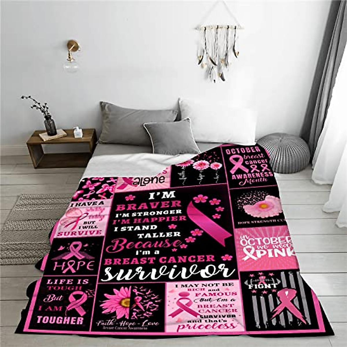 VIZIBWIS Breast Cancer Awareness Blanket Soft Flannel Throw Blanket Inspirational Gifts for Women Breast Cancer Survivor Patient 60" x 50" -1