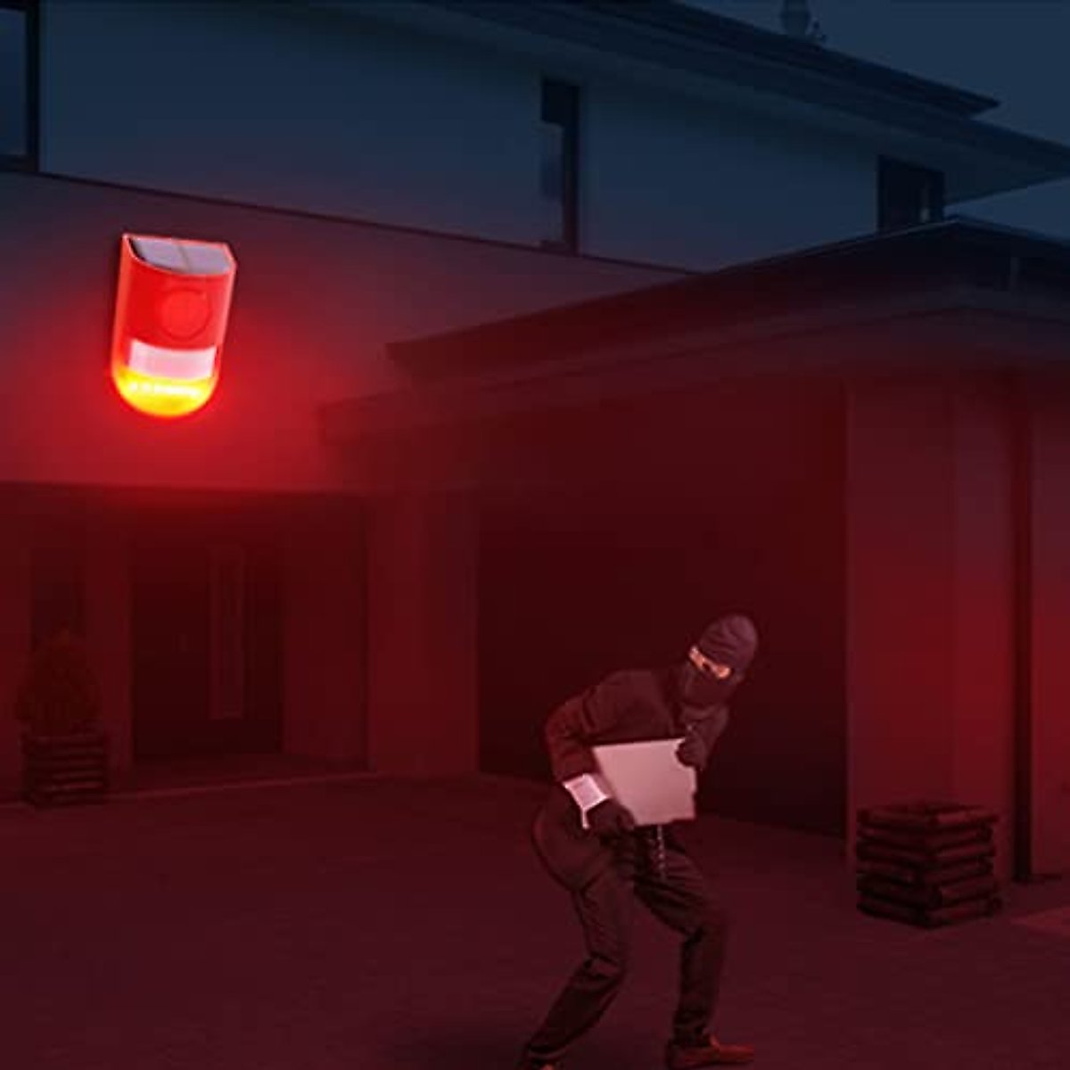 Aolyty Solar Motion Sensor Detector Alarm Lights LED Warning Strobe Flashing Light with 110dB Sound IP65 Waterproof 4 Work Modes Solar Security Siren Light for Home Warehouse Farm Yard (Red)