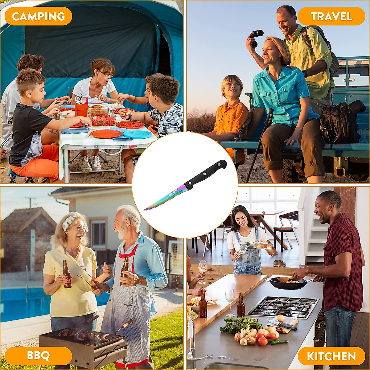 KITWARE Rainbow Steak Knife Set with Gift Box, 6-Piece Sharp Steak Sets of Knives, 4.5 Inch Stainless Steel Black Handle Meat Knifes with Serrated Egdes, Knife for Bread, Butter and Pork