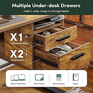 FEZIBO Whole-Piece Electric Standing Desk Adjustable Height with 3 drawers, 48 x 24 inches Stand up Desk with Monitor Shelf, Sit Stand Rising Desk with open storage, Rustic Brown (2 Packages)