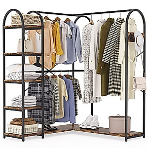 Tribesigns L-Shaped Garment Rack with Shelves, Heavy Duty Corner Clothes Rack with Coat Hooks, Anti-toppling Device, Cloth Hanger Standing Clothing Racks for Hanging Clothes, Rustic Brown