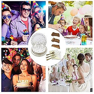 Guang Mao White and Gold Party Supplies-180 PCS Serves 30 Dinnerware Gold Dot Paper Plate, Napkins, Gold Plastic Forks Knives Spoons for Graduation, Birthday, Cocktail Party