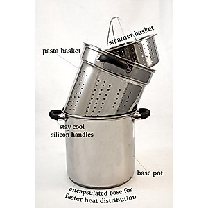 ExcelSteel 12 Qt Multifunction Stainless Steel Pasta Cooker with Encapsulated Base, Vented Glass Lid, and Riveted Silicone Covered Handles