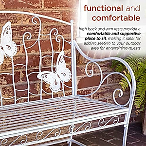 Alpine Corporation Alpine 43" L Indoor/Outdoor 2-Person Metal Garden Butterfly Backrest, White Bench