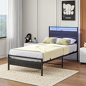 Twin Bed Frame with Headboard/LED Lights,Metal Bed Frame Twin Size with Charging Station,Twin Platform Bed Frame Twin Size No Box Spring Needed,Beds Base,Heavy Duty Metal Slats Support,No Noise,Black