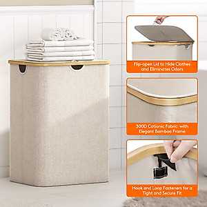 Lifewit 150L Laundry Basket with Lid 3 Section, Large Laundry Hamper with Bamboo Handles and Removable Laundry Bags, Clothes Hampers for Laundry for Bedroom, Bathroom, Dorm, Laundry Room, Beige