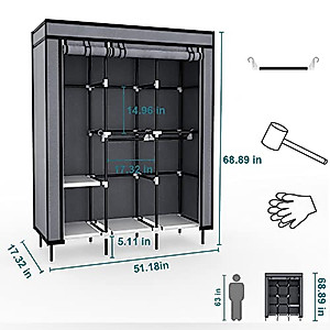 VIZUN Portable Clothes Closet, Wardrobe Storage Closet Organizer with 5 Hanging Rack, Easy to Assemble (Gray)