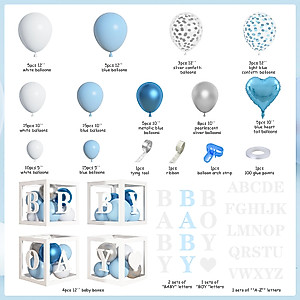 Amandir 137pcs Baby Blue Balloons Baby Shower Decorations for Boy with Baby Boxes, White Blue Balloon Arch Kit Baby Boxes with Letter (A-Z+Baby+Boy) for Boy 1st Birthday Gender Reveal Party Supplies