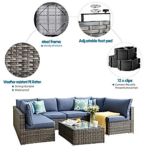 XIZZI Patio Furniture Outdoor Sectional Sofa 7 Piece All Weather PE Rattan Wicker Conversation Sets with Coffee Table for Backyard Deck Garden,Denim Blue
