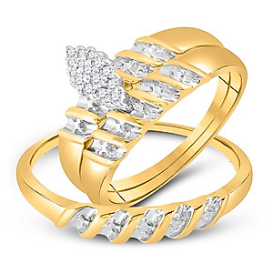 Sizes - L = 8, M = 8 - 10k Yellow Gold Diamond Cluster Mens And Ladies Couple His & Hers Trio 3 Three Ring Bridal Matching Engagement Wedding Ring Band Set (1/10 cttw.) - Please use drop down menu to select your desired ring sizes