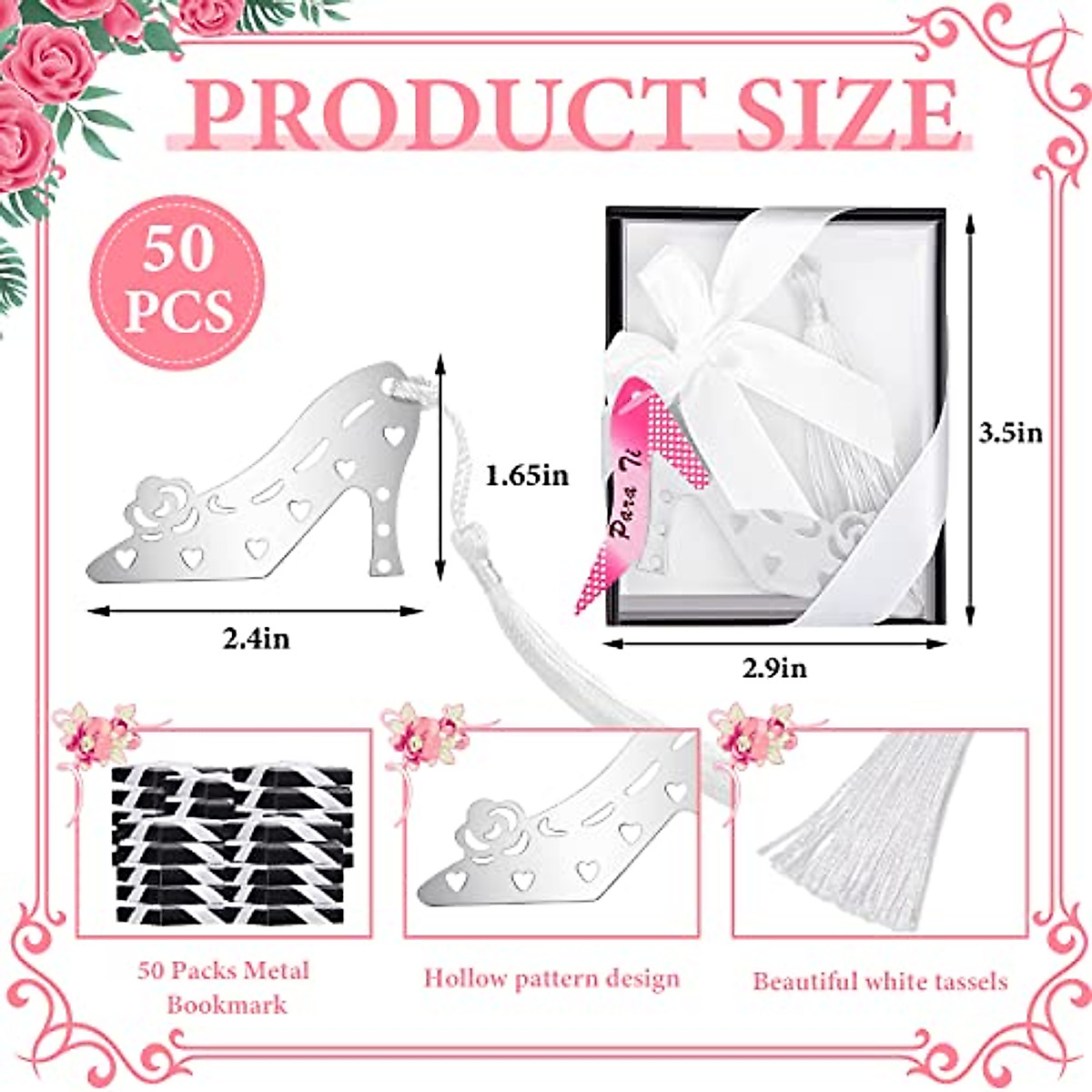 50 Pack Quinceanera Party Favors for Guests Quinceanera Gift Bookmark 15 Year Old Girl Gifts for Birthday Silver Women High Heels Bookmark with Gift Box for Women Girls Book Lover Readers Gifts