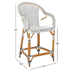 SAFAVIEH Outdoor Collection California White/Navy Bistro Woven Counter Stool with Arms (Fully Assembled)