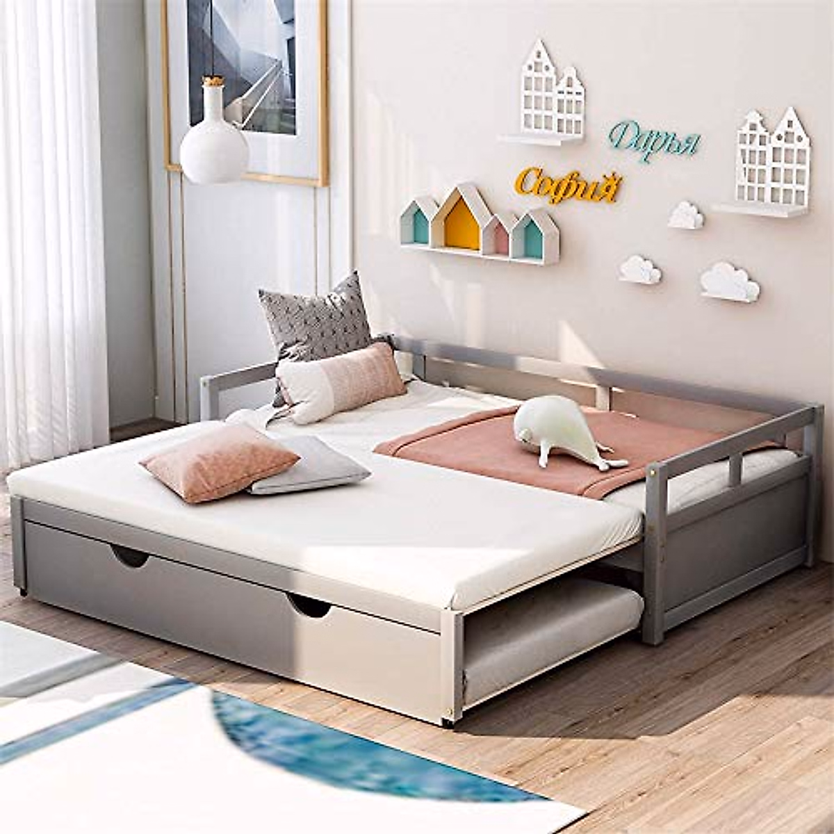 MERITLINE Daybed with Trundle,Twin to King Trundle Bed Extendable Design, Wooden Daybed/Sofa Bed for Bedroom Living Room,No Box Spring Needed,Grey