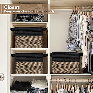 Goodpick Black Woven Rope Basket Set of 3, Shelf Storage Baskets for Books, Towels, clothes, Rectangle Decorative Basket for Living Room, Bedroom, Toy Bin for Nursery