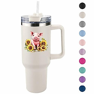 LB LEOBON 40 ounce insulated cup with handle, double-layer vacuum stainless steel material, equipped with straw, can keep warm or maintain cold drinks Pink Pig Sunflower white