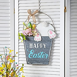 Glitzhome 18 Inch Wooden Easter Bunny Hanging Decoration,"Happy Easter" Rabbit Welcome Sign wood Bunny Eggs Easter Decorations for Door Home Garden Spring Party
