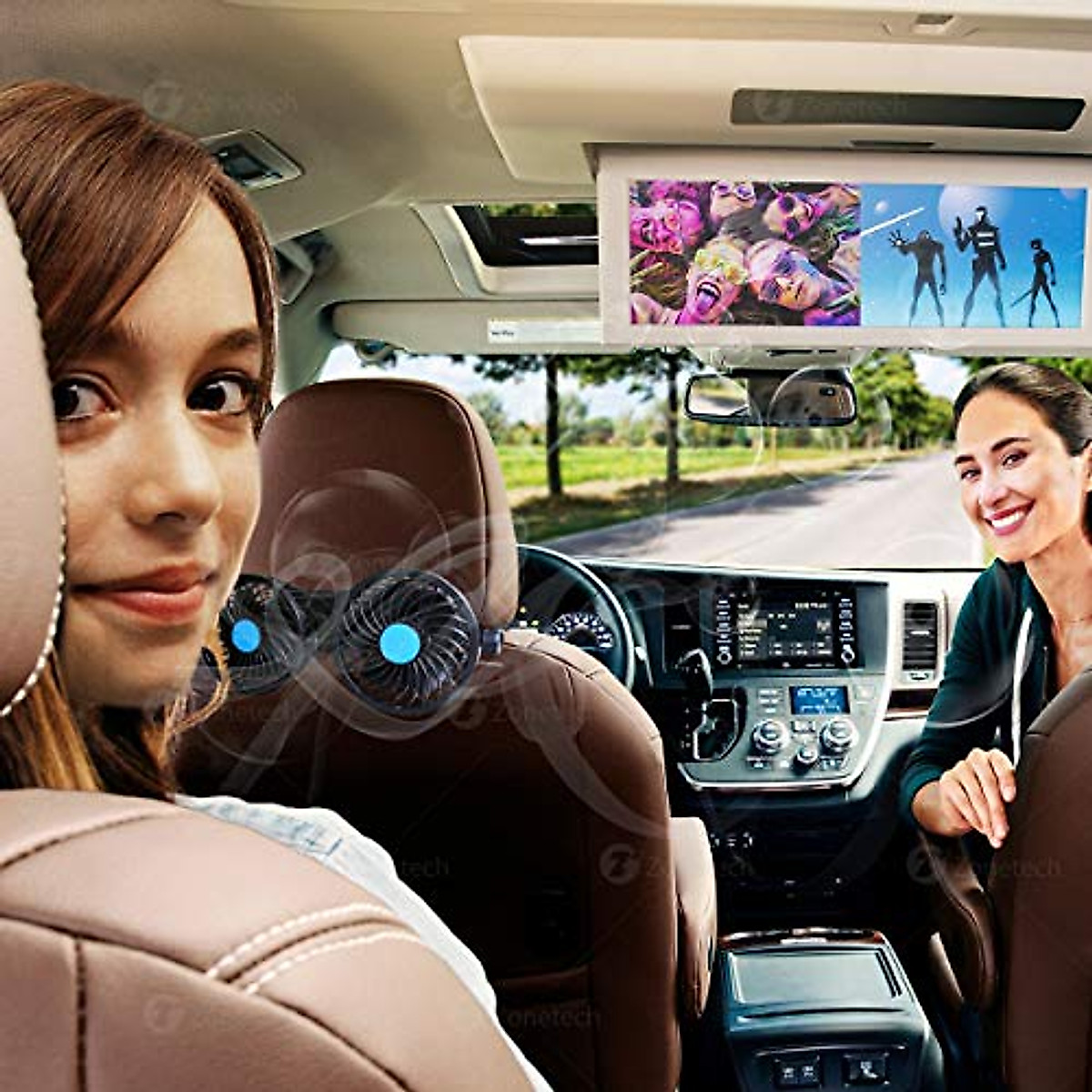 Car Cooling Air Fan 12V- Zone Tech 12V Dual Head Car Auto Electric Cooling Air Fan for Rear Seat - Powerful Quiet 2 Speed 360 Degree Rotatable 12V Ventilation Rear Seat with Kids Safe Design
