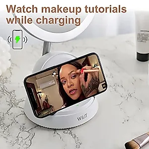 WILIT Vanity Mirror with Lights, Lighted Makeup Mirror with Detachable Magnification Mirror, 8.27 Inch 72 Premium LED Lights, 3 Colors 3 Levels Brightness Desk Cosmetic Mirror with Wireless Charger