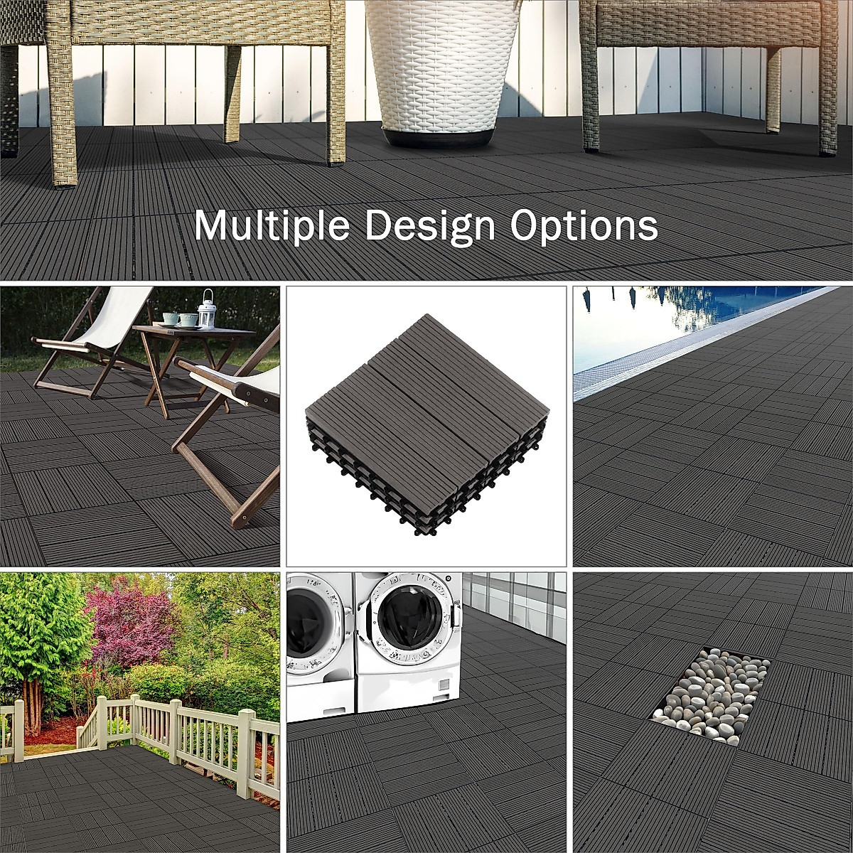 Interlocking Deck Tiles - 6-Pack 11.6-in Wood Plastic Composite All-Weather Outdoor Flooring Balcony Poolside or Patio by Pure Garden (Gray)
