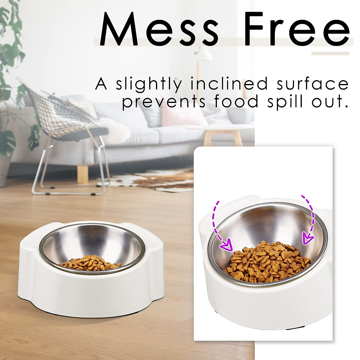 CheerPaws Large Tilted Dog Food Bowl, 15°Slanted Dog Bowl for French Bulldogs No Spill Slanted Dogs Bowl Elevated 1.5 Cup Dog Bowls for Flat Faced Dogs Raised Dog Water Food Bowl Angled Tilted White