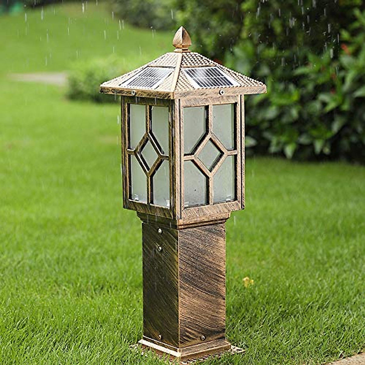 European Retro Solar Pillar Light Column Lamp Post Lamp Aluminum Metal Outdoor Glass Lantern LED Street Light for Villa Community Park School Courtyard Lawn Decoration