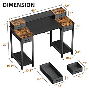 YAOHUOO Computer Desk with Dual Monitor Stands - 48'' Office Desk Writing Desk with 4 Drawers and Keyboard Storage, Work Desk with Dual PC Mainframe Shelves for Storage (Rustic Brown, 48)