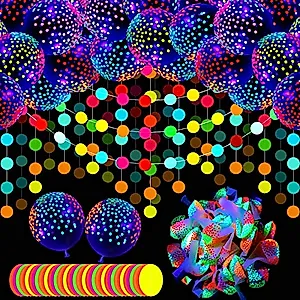 50 Pieces Neon Glow Balloons Glow in the Dark Supplies for Glow Neon Party, 12 Inch Blacklight Polka Dots Latex Balloons and 157 Inch Neon Paper Circle Dots Garland (Transparent, Fresh Style)