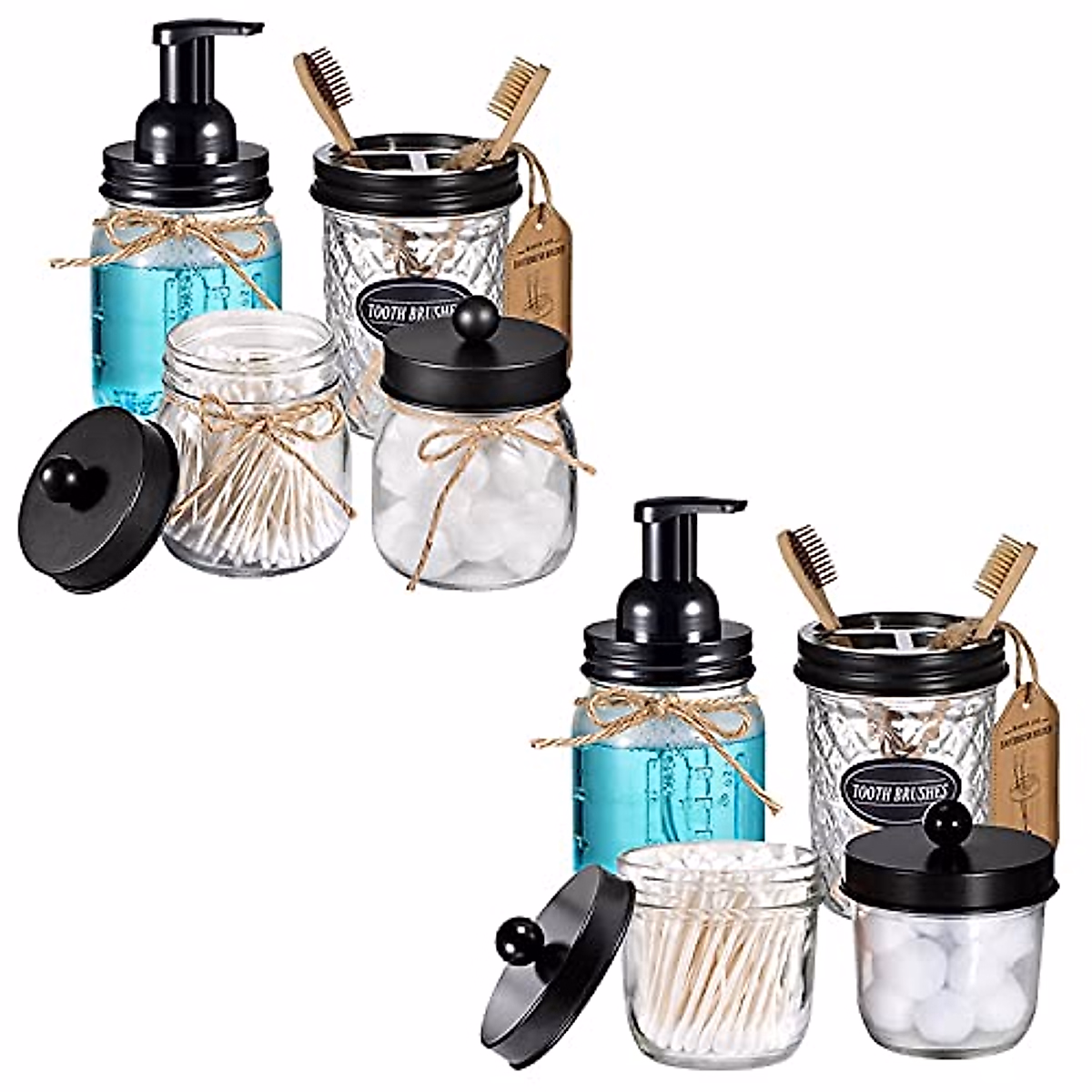 4pcs & 4pcs Black Mason Jar Bathroom Accessories Set - 2 Foaming Soap Dispenser& 2 Qtip Holder (regular mouth)&2 Cotton Swab Holder (wide mouth)&2 Toothbrush Holder-Rustic Farmhouse Decor Bathroom