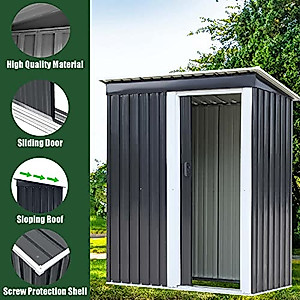 Flyzy Outdoor Storage Shed 5x3 FT, Metal Utility Tool Metal Garden Shed with Sliding Door, Storage Shed, Matel Outdoor Shed for Backyard Patio Garden Lawn (Black)
