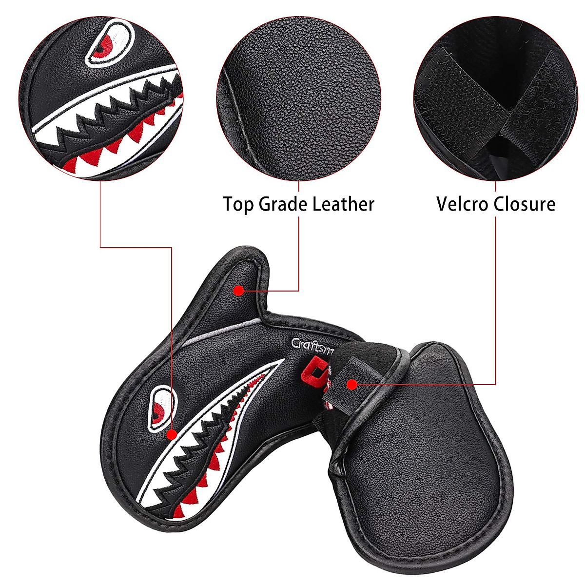 Craftsman Golf Vivid Shark Embroideried with 3D Fin 8pcs (5,6,7,8,9,P,A,S Black Iron Headcover Set with Large Red No.