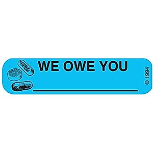 PHARMEX 1-677 Permanent Paper Label, WE OWE You", 1 9/16" x 3/8", Blue (500 per Roll, 2 Rolls per Box)