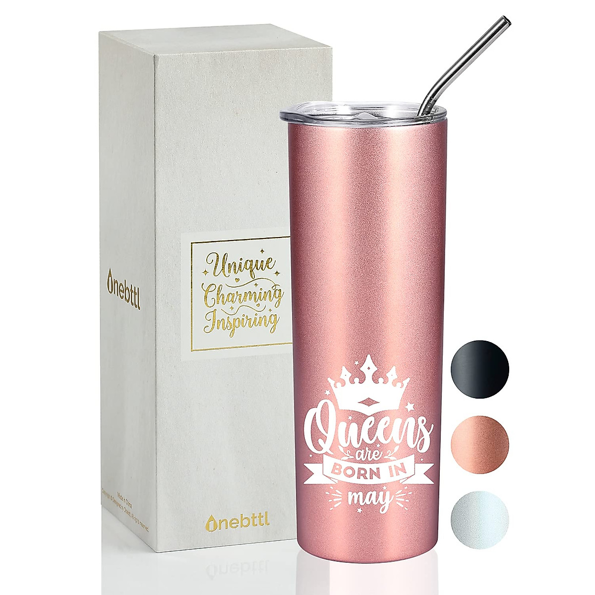 Onebttl Birthday Gifts for Women, Her, Girlfriend, Mom, Best Friends, Aunt, 20oz Stainless Steel Skinny Tumbler with Lid and Straw, Queens are Born in May - Rosegold