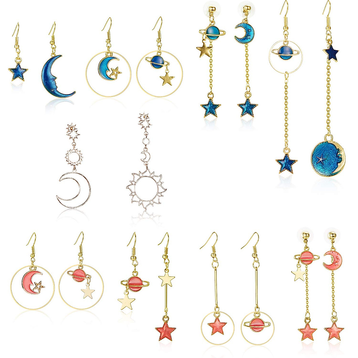 9 Pairs Star Moon Earrings for Women Earth Moon Earrings Dangle Planet Sun Moon Earrings Asymmetric Bohemia Moon Earrings